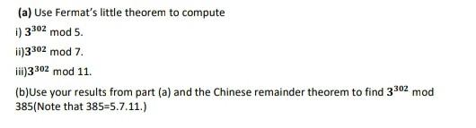 Solved (a) Use Fermat's little theorem to compute i) | Chegg.com