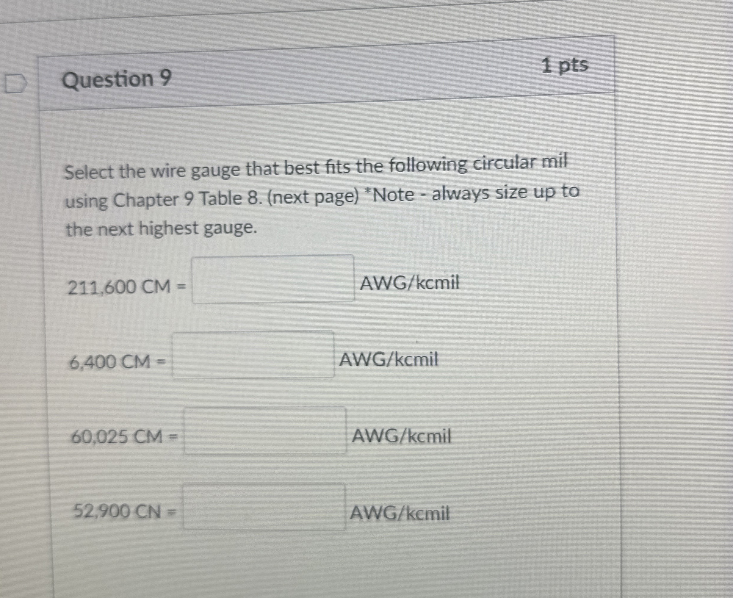 Solved Question 9Select the wire gauge that best fits the | Chegg.com