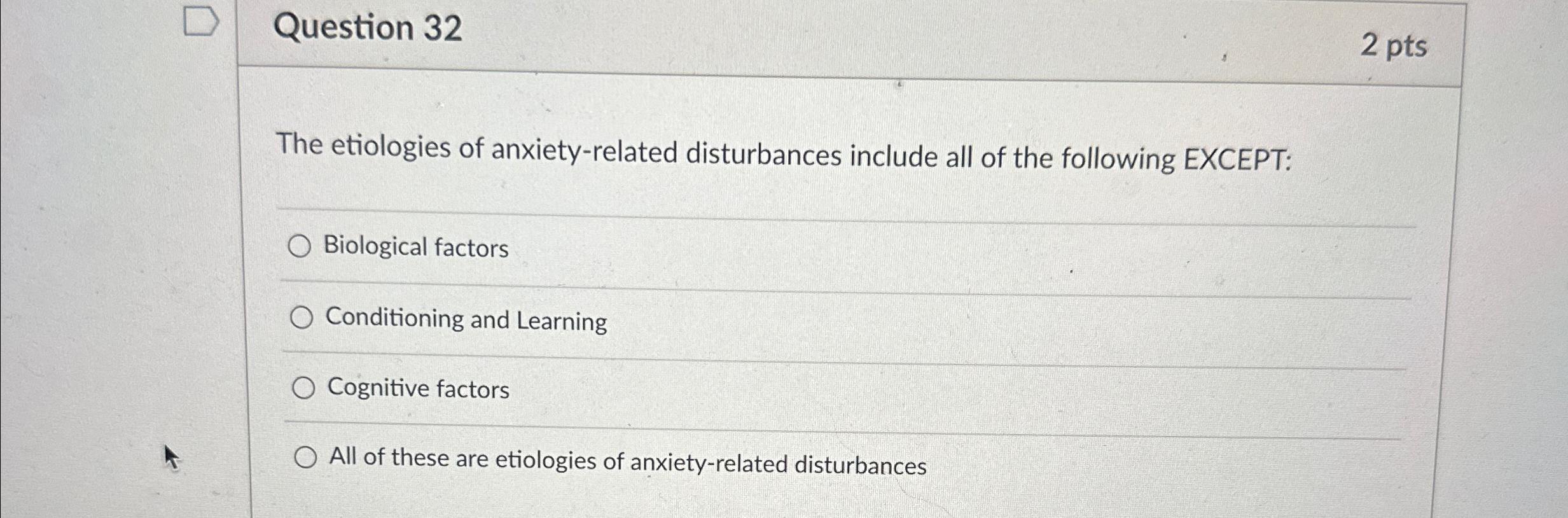 Solved Question 322 ﻿ptsThe etiologies of anxiety-related | Chegg.com