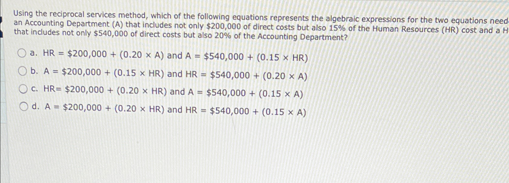 Using the reciprocal services method, which of the | Chegg.com
