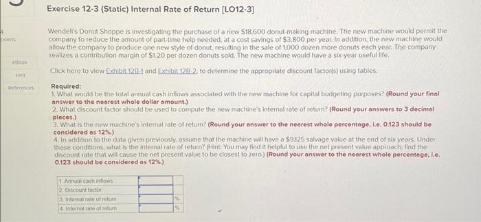 Solved Exercise 12-3 (Static) Internal Rate of Return | Chegg.com