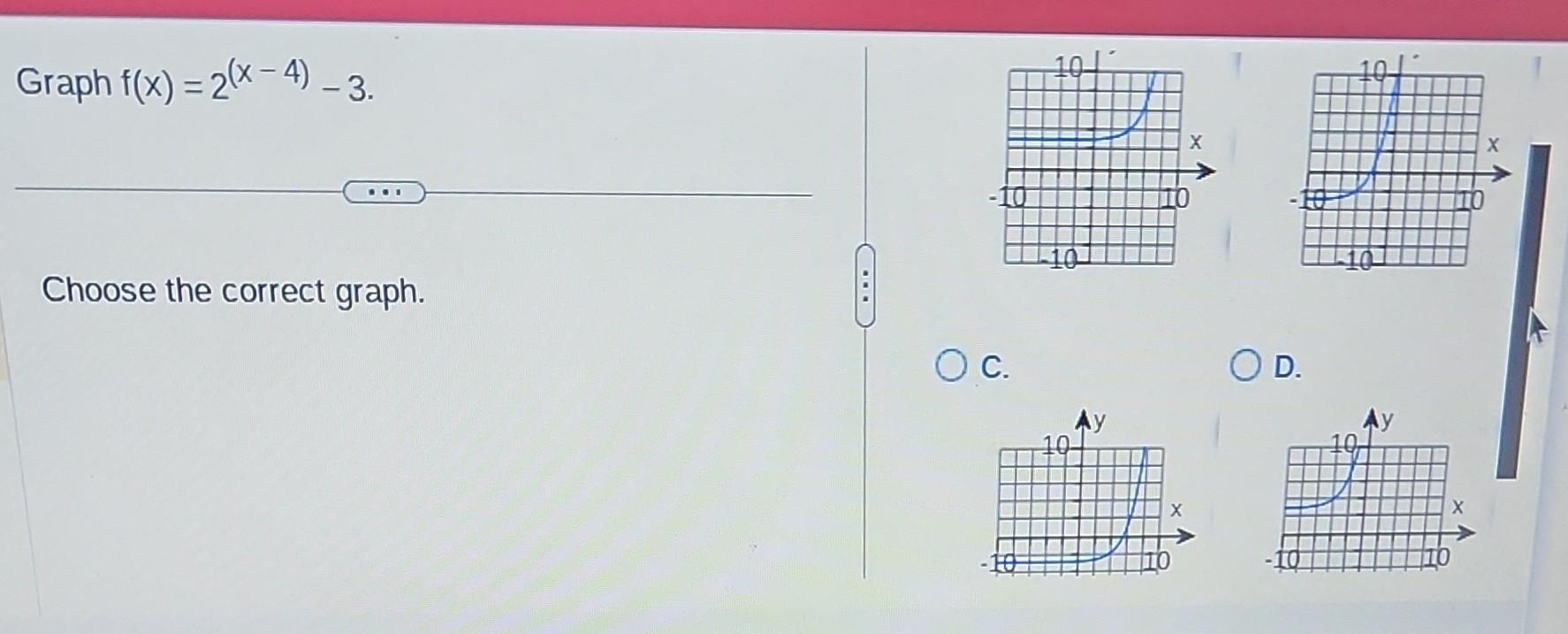 Solved Graph f(x)=2(x−4)−3. Choose the correct graph. C. | Chegg.com