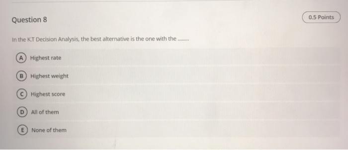 Solved 0.5 Points Question 7 The use of KT Decision Analysis | Chegg.com