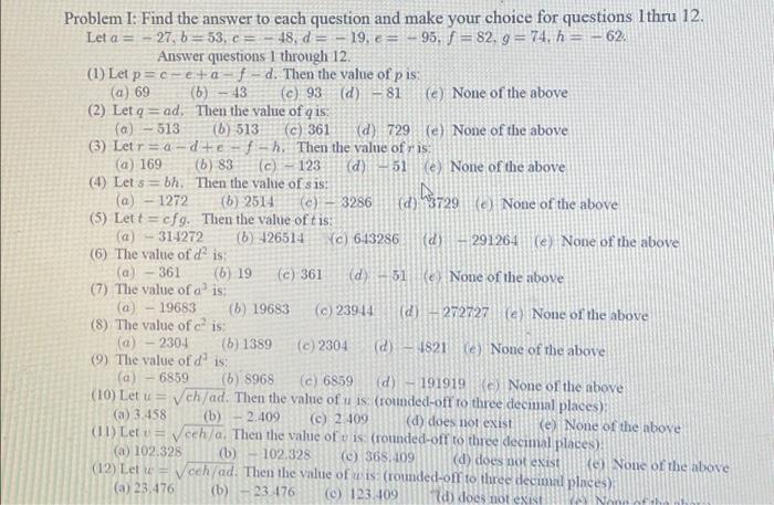 Solved Problem I: Find the answer to each question and make | Chegg.com