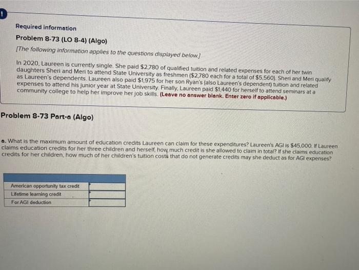 Solved D Required information Problem 8.73 (LO 8-4) (Algo) | Chegg.com