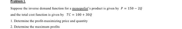 Solved Problem I. Suppose the inverse demand function for a | Chegg.com