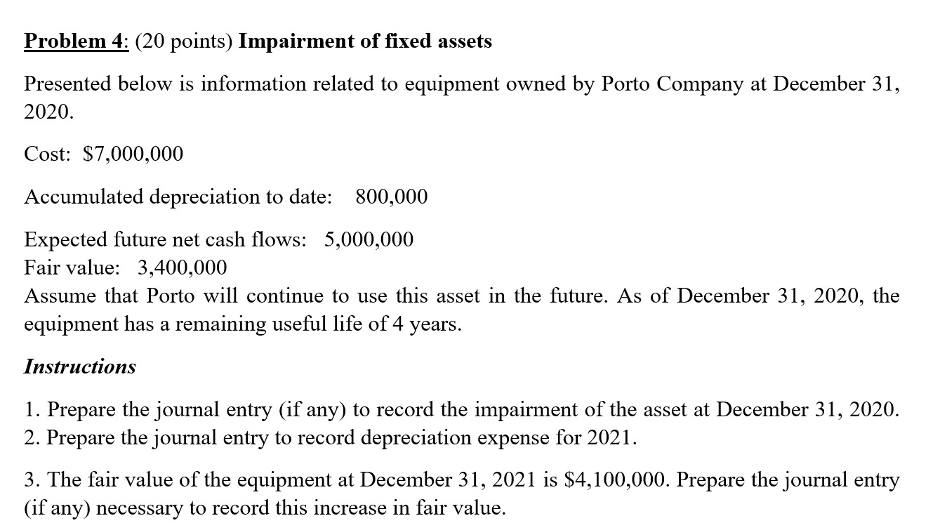 Solved Problem 4: (20 ﻿points) ﻿Impairment of fixed | Chegg.com