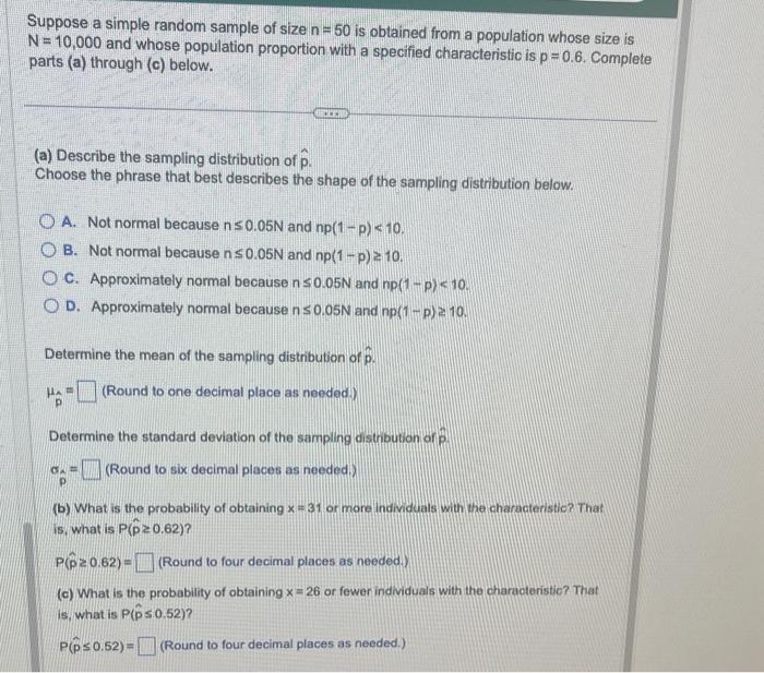 Solved Suppose a simple random sample of size n=50 is | Chegg.com