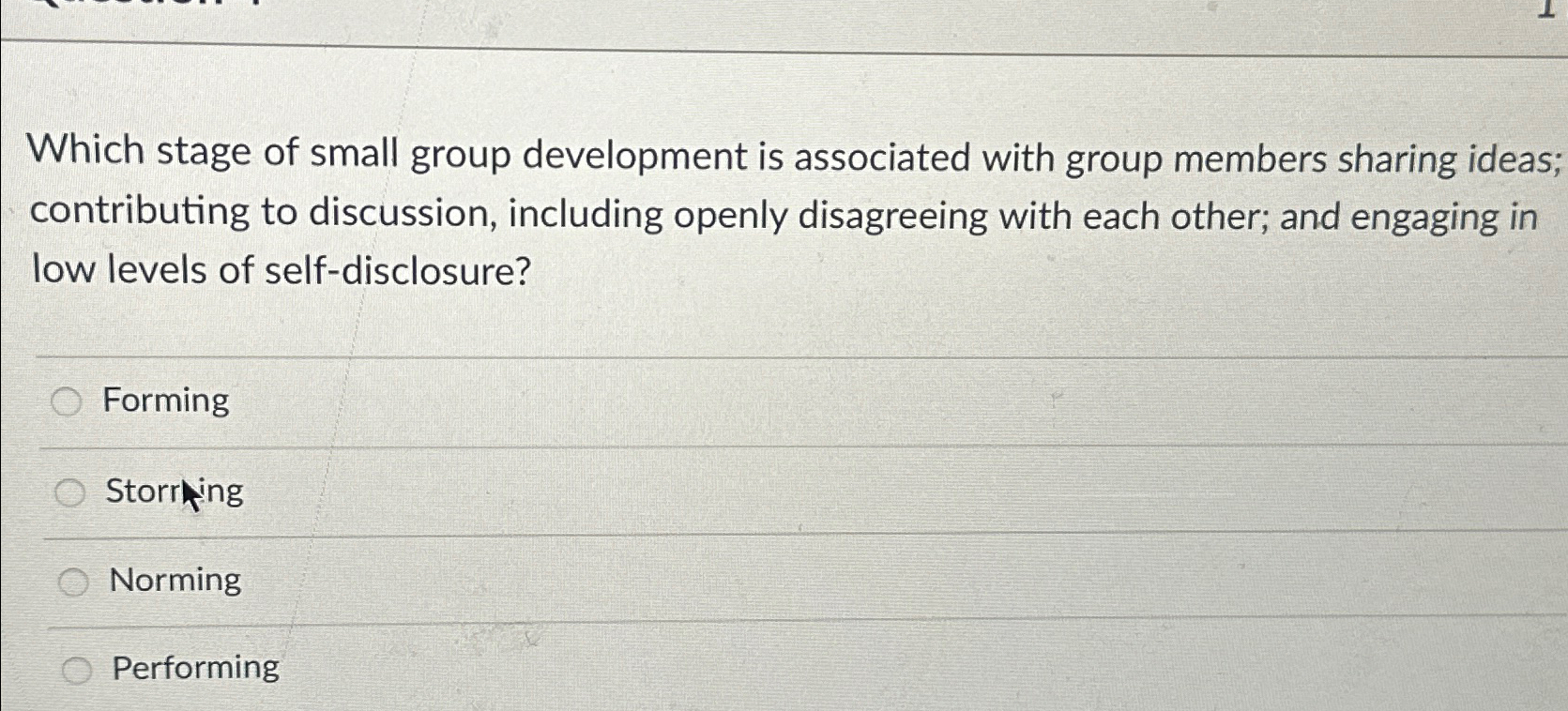 Solved Which stage of small group development is associated | Chegg.com