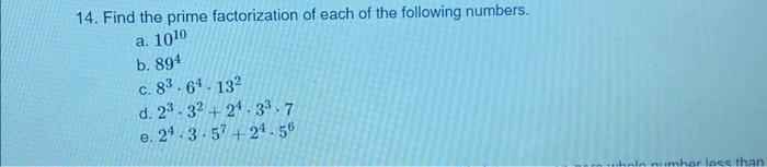 Solved 14. Find the prime factorization of each of the | Chegg.com