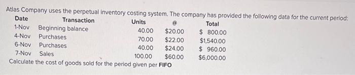 Solved Atlas Company uses the perpetual inventory costina | Chegg.com