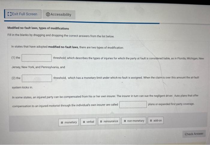 Solved Modified no-fault laws, types of modifications Fill | Chegg.com