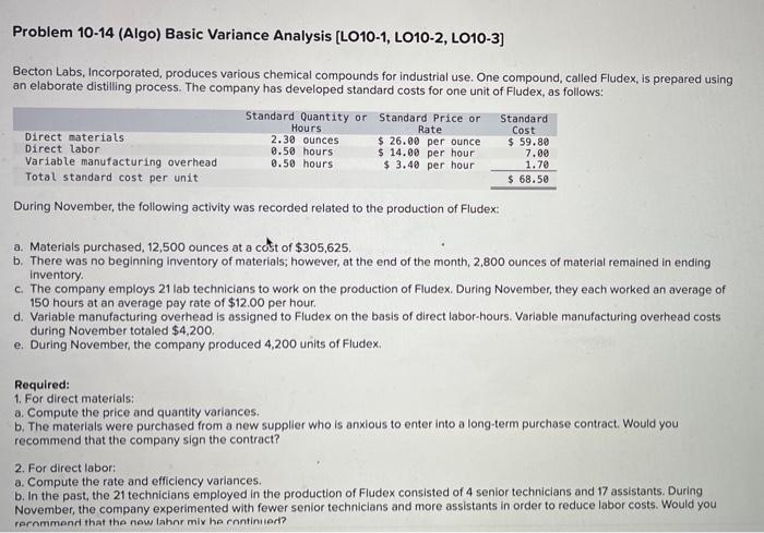 Solved Problem 10-14 (Algo) Basic Variance Analysis [LO10-1, | Chegg.com
