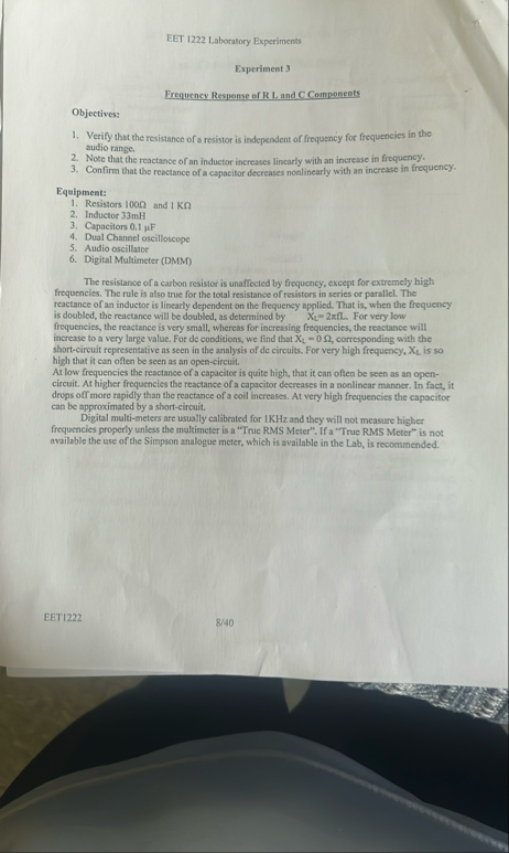 Solved EET 1222 ﻿Laboratory ExperimentsExperiment 3Frequency | Chegg.com