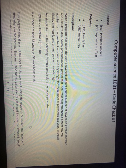 Solved Computer Science 1081 - Code Check #1 Inputs: . | Chegg.com