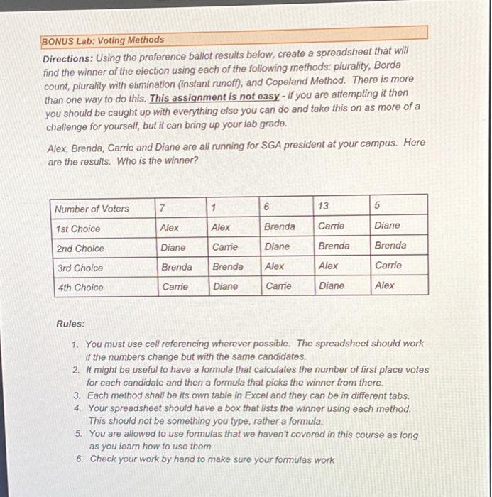 BONUS Lab: Voting Methods Directions: Using the | Chegg.com