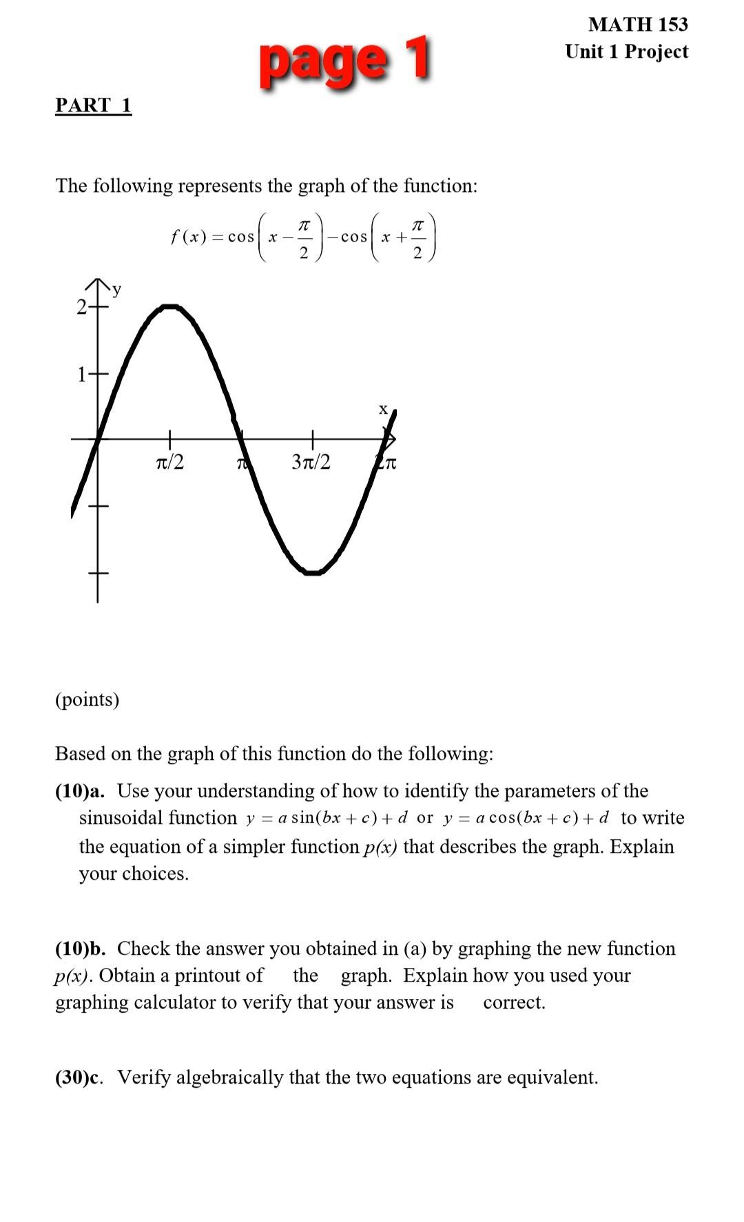 Solved MATH 153 Unit 1 Project page 1 PART 1 The following | Chegg.com