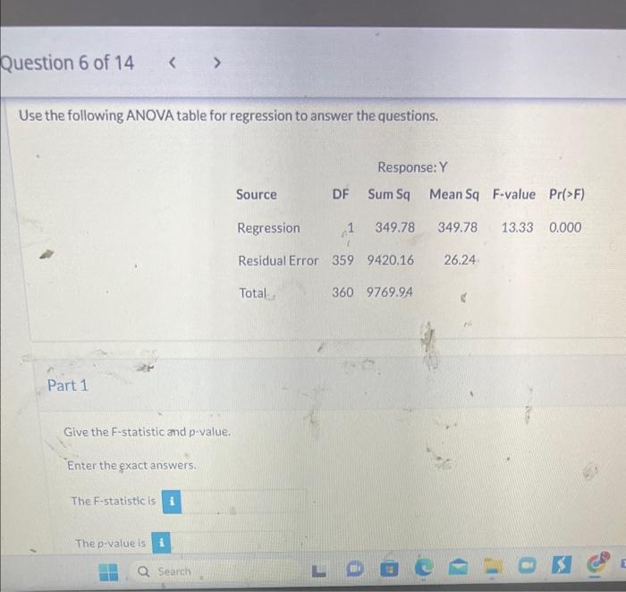 Solved Use the following ANOVA table for regression to | Chegg.com
