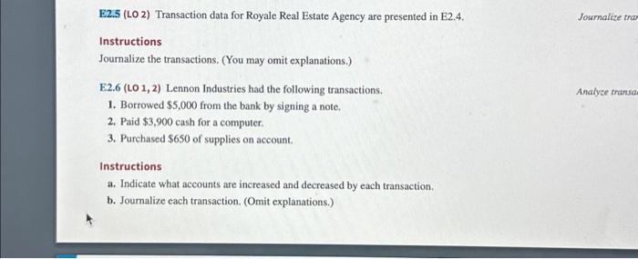 Solved E2.5 (LO 2) Transaction data for Royale Real Estate | Chegg.com