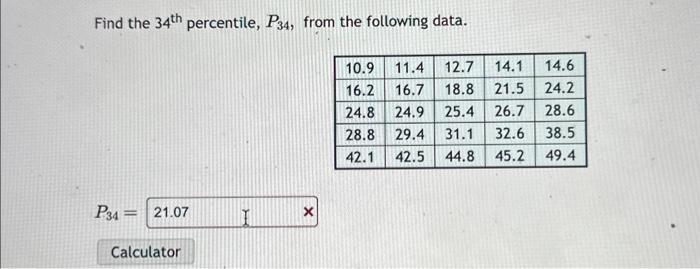 Solved Find the 34th percentile, P34, from the following | Chegg.com