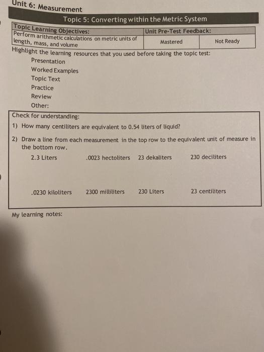 Solved Unit 6: Measurement Topic 5: Converting within the | Chegg.com