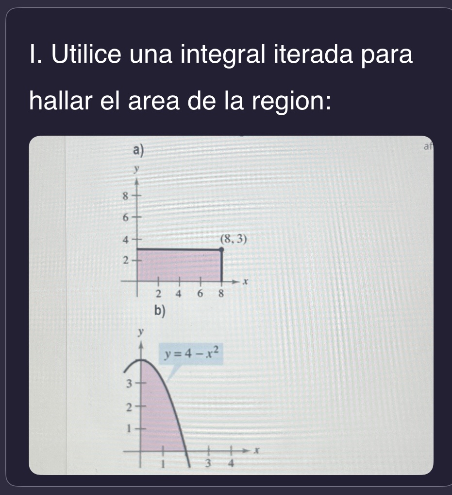 Solved I. Utilice una integral iterada para hallar el area | Chegg.com
