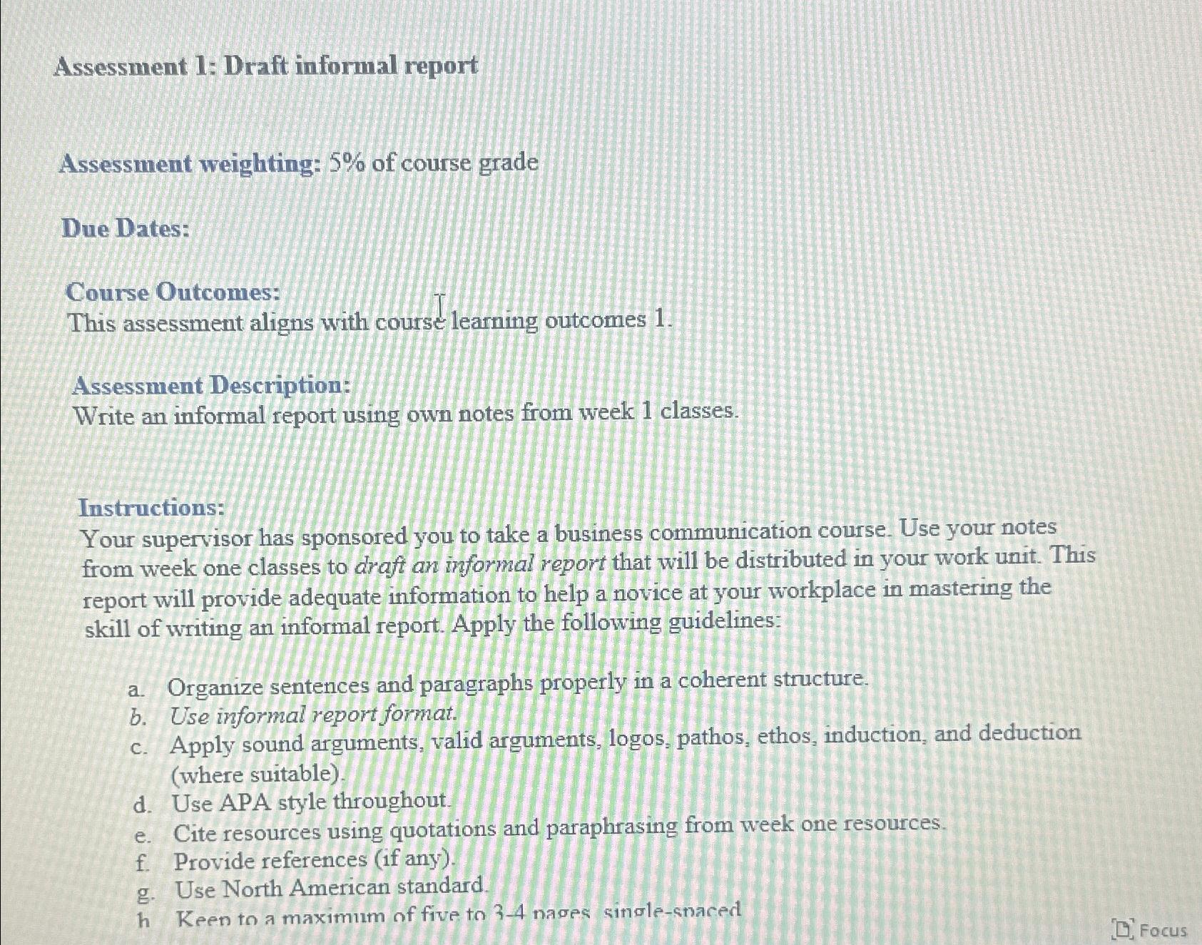 Solved Assessment 1: Draft informal reportAssessment | Chegg.com