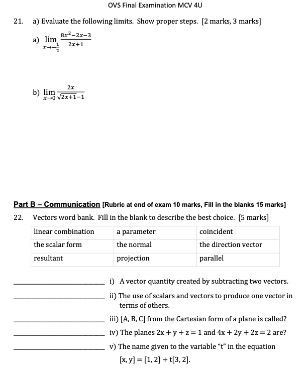 Solved OVS Final Examination MCV 4Ua) ﻿Evaluate the | Chegg.com