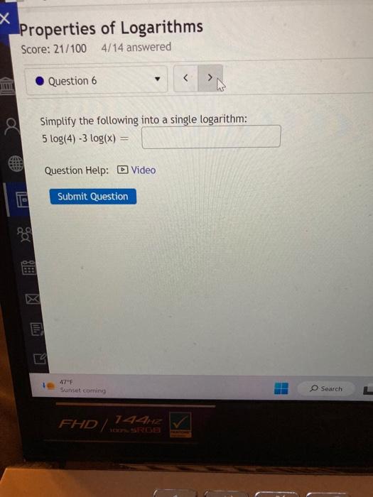 Solved Properties of Logarithms Score: 21/1004/14 answered | Chegg.com