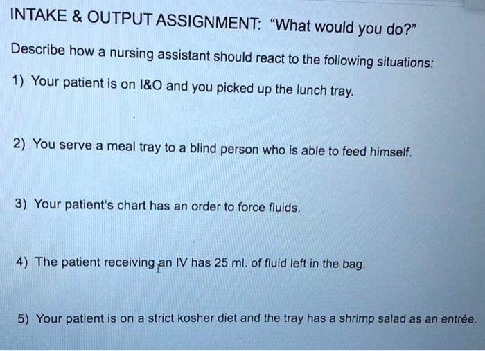 Solved INTAKE \& OUTPUT ASSIGNMENT: "What would you do?" | Chegg.com