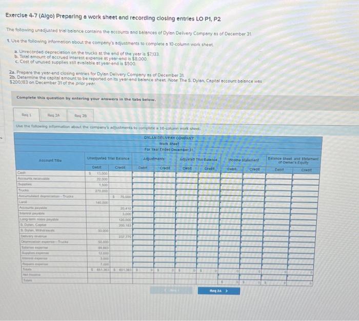 Solved Exercise 4-7 (Algo) Preparing a work sheet and | Chegg.com