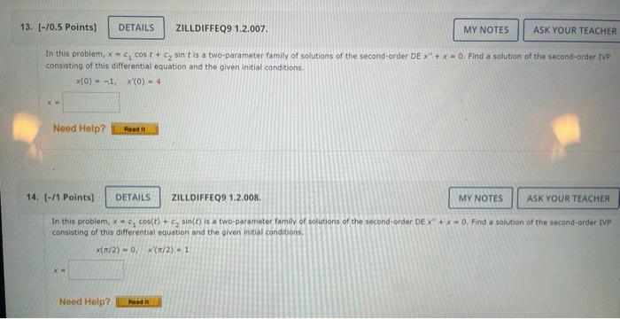 Solved In this problem, x=c1cost+c2 sin t is a two-parameter | Chegg.com