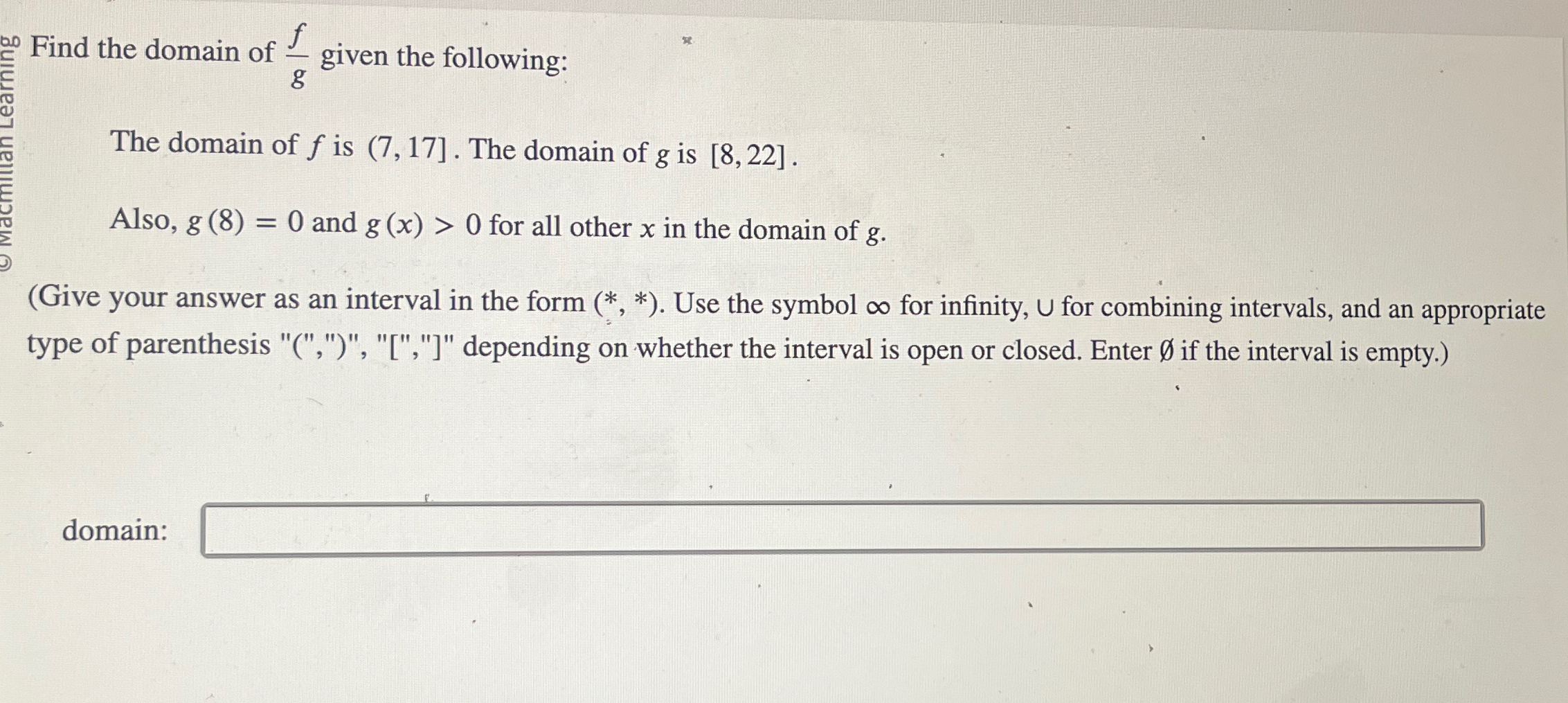 Solved Find the domain of fg ﻿given the following:The domain | Chegg.com
