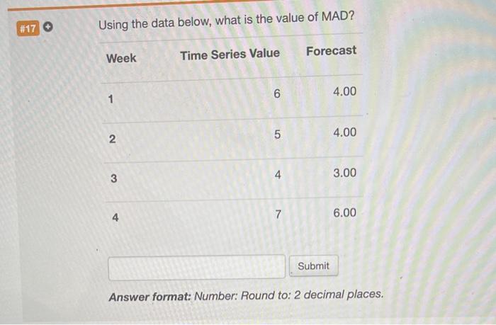 Solved Using the data below, what is the value of MAD? | Chegg.com