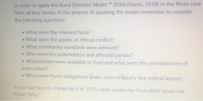 In order to apply the Baird Decision Model ™ | Chegg.com