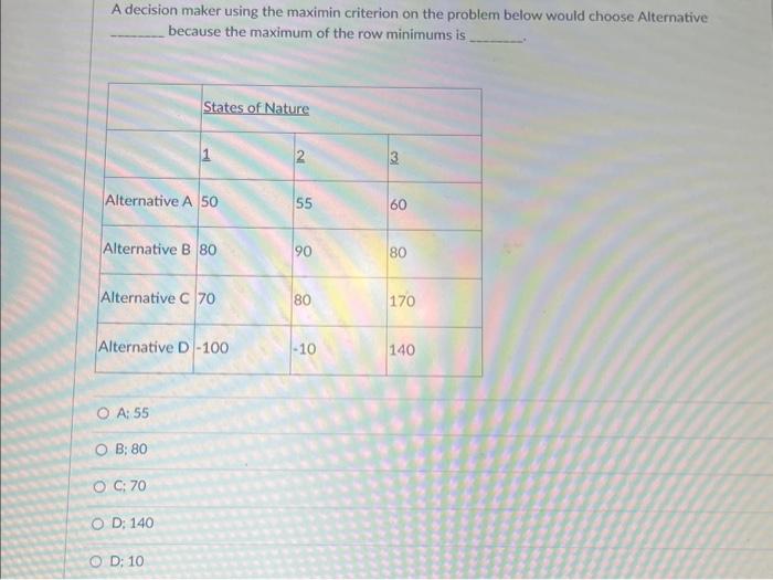 A decision maker using the maximin criterion on the | Chegg.com