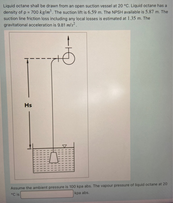 Solved Liquid octane shall be drawn from an open suction | Chegg.com