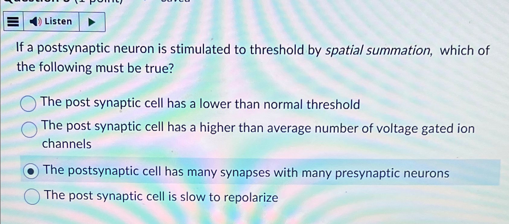 Solved ListenIf a postsynaptic neuron is stimulated to | Chegg.com
