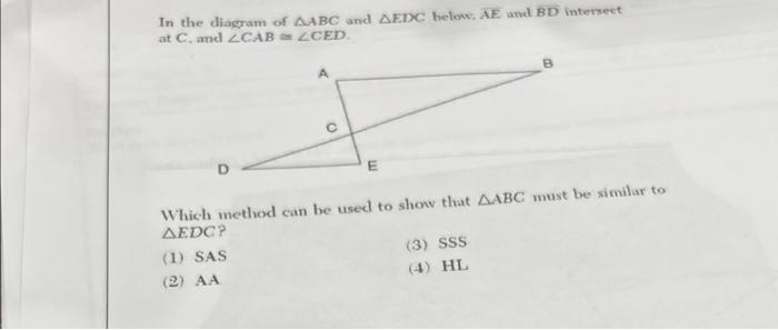 Solved In the diagram of ABC and EDC below. AE and BD | Chegg.com