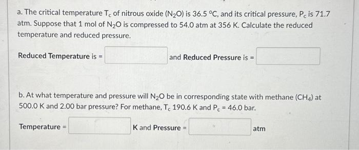 Solved a. The critical temperature Te of nitrous oxide (N₂O) | Chegg.com