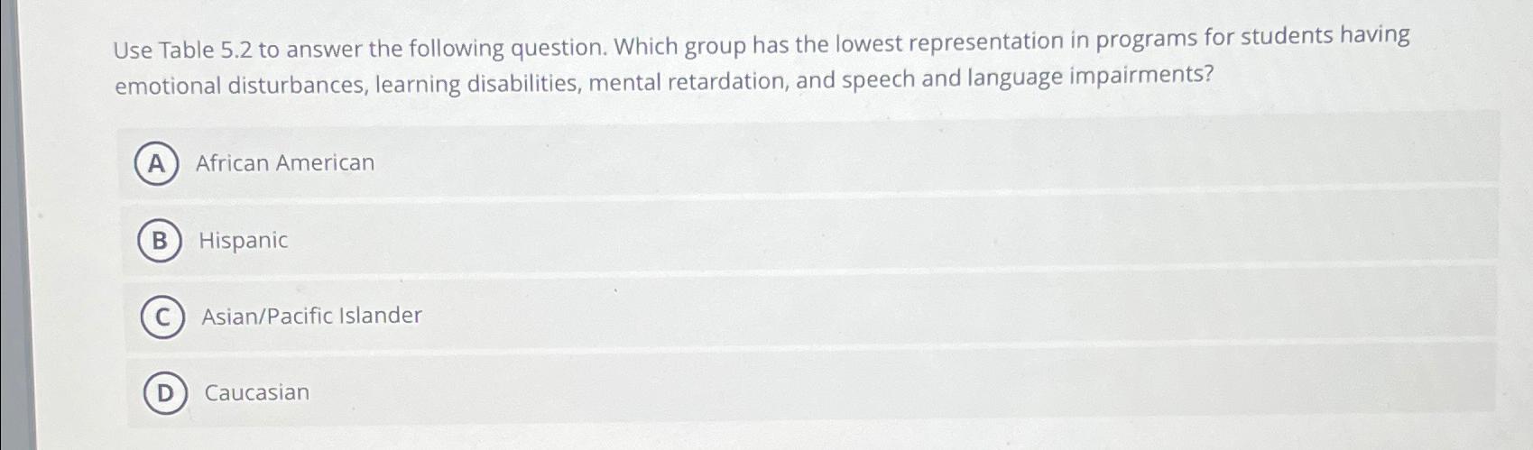 Solved Use Table 5.2 ﻿to answer the following question. | Chegg.com