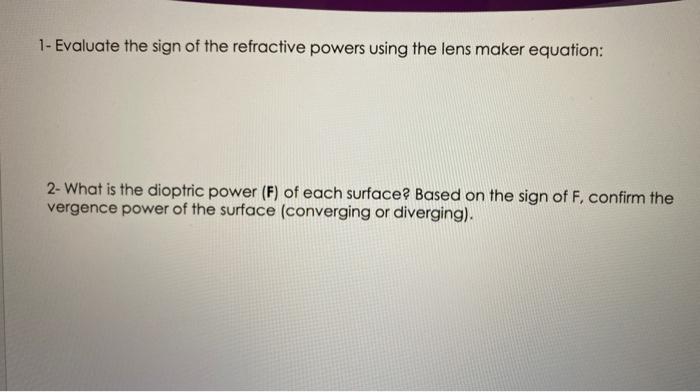 Solved 1- Evaluate the sign of the refractive powers using | Chegg.com
