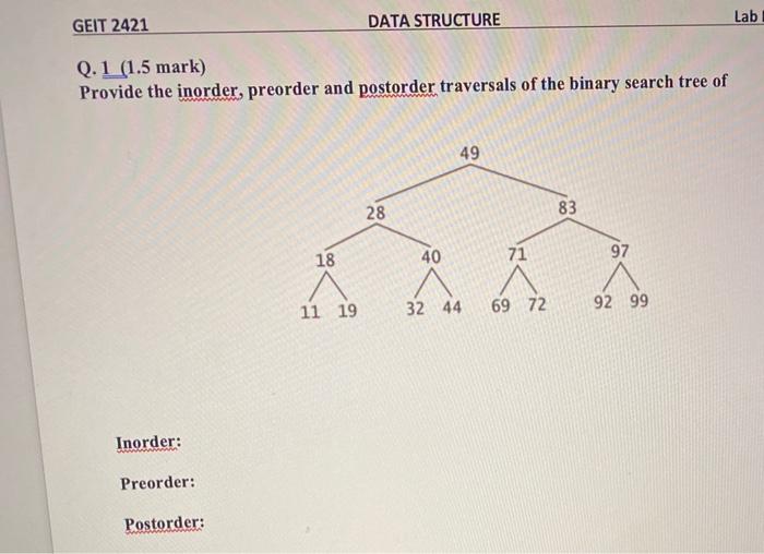 Solved Lab Geit 2421 Data Structure Q 1 1 5 Mark Provide