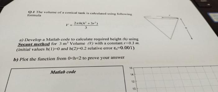 Solved Q.1 The volume or a conical tank is calculated using | Chegg.com