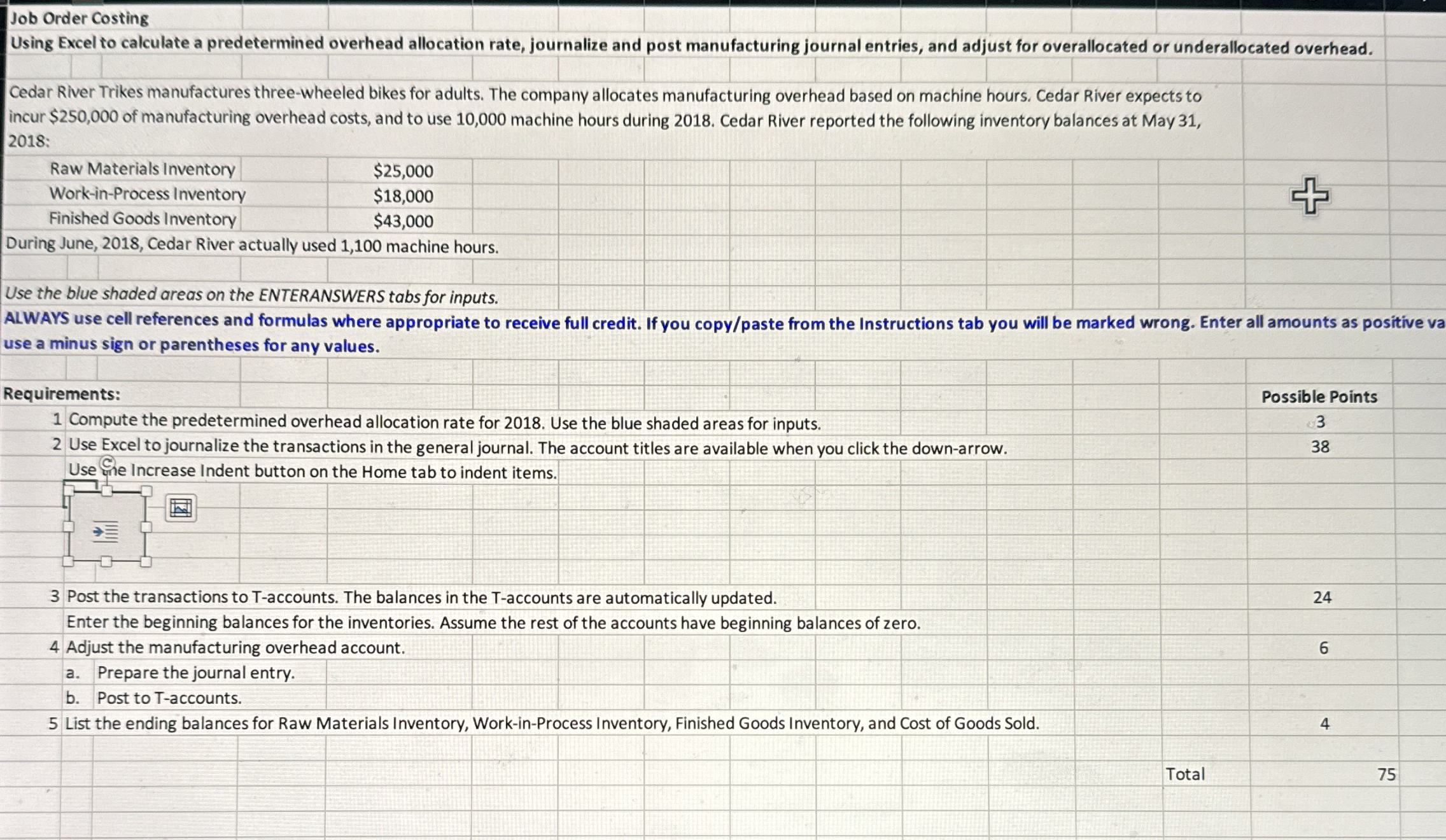 Solved Job Order CostingUsing Excel to calculate a | Chegg.com