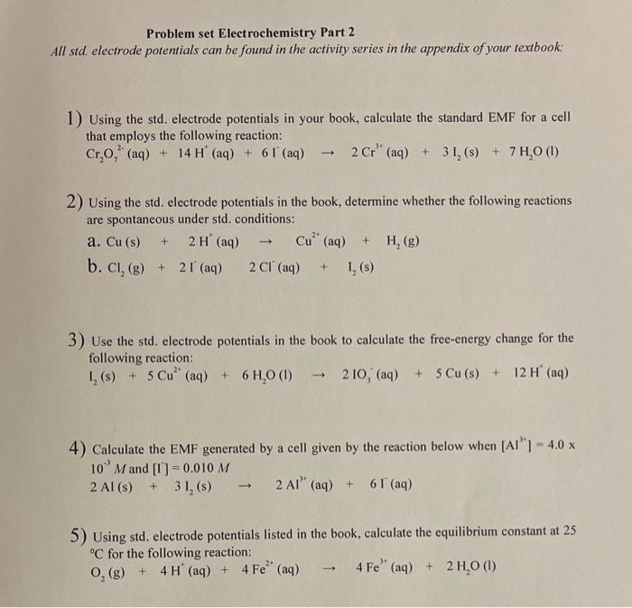 Solved Problem set Elect rochemistry Part 2 All std. | Chegg.com