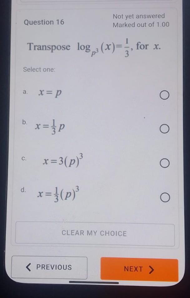 Solved Transpose logp3(x)=31 Select one: a. x=p b. x=31p c. | Chegg.com