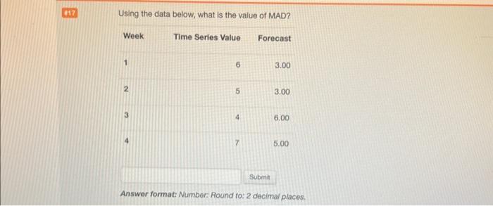 Solved Using the data below, what is the value of MAD? | Chegg.com