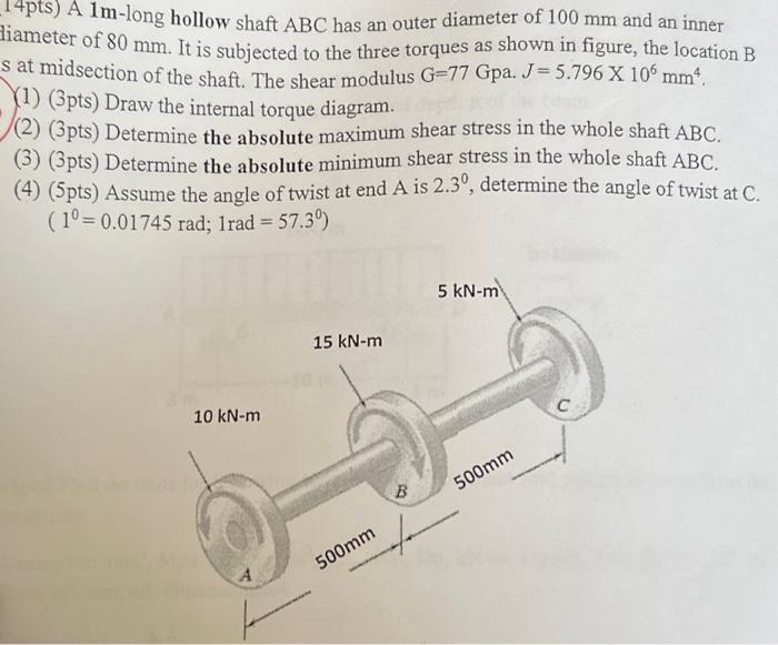 Solved 14pts) A 1m-long hollow shaft ABC has an outer | Chegg.com