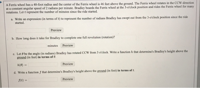 Solved A Ferris wheel has a 40-foot radius and the center of | Chegg.com